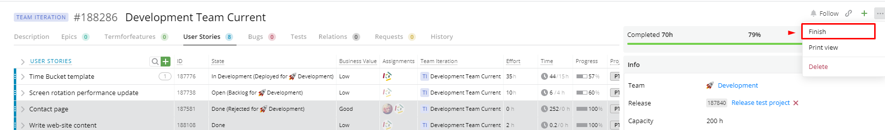 Finish Action For Iterations And Team Iterations Targetprocess Enterprise Agility Solution