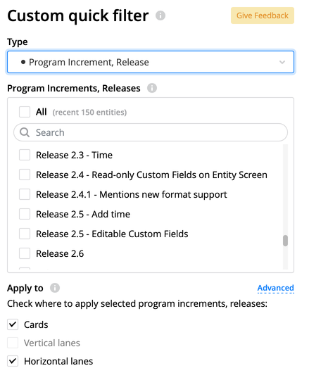 Custom quick filters | Targetprocess - Enterprise Agility Solution